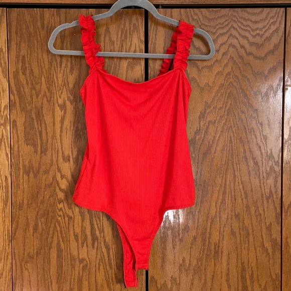 Tops | Red Ribbed Ruffle Strap Bodysuit | Poshmark